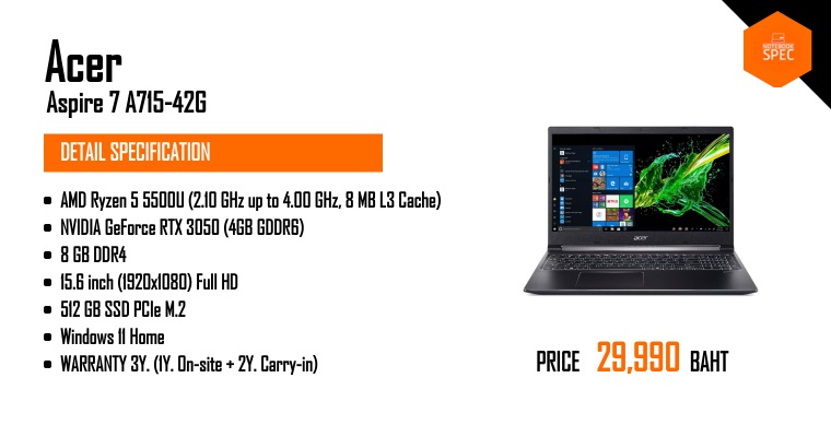 Acer Aspire 7 A715-42G-R9DU ซีพียู AMD Ryzen 5 5500U / GeForce RTX 3050 ราคาพร้อมสเปค
