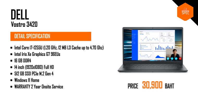 DELL Vostro 3420-W568354330PTH ซีพียู Intel Core i7-1255U / Intel Iris ...