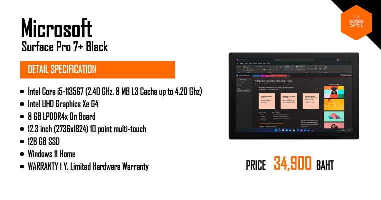 Microsoft Surface Pro 7+ Black-i5/8GB/128GB (TFN-00011) ซีพียู Intel ...