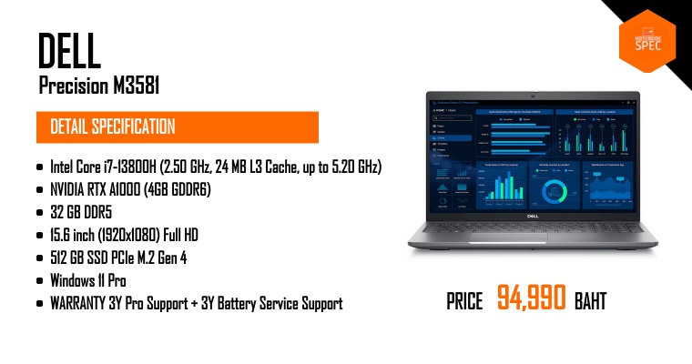DELL Precision M3581-SNSM358102 ซีพียู Intel Core i7-13800H / RTX A1000 ...
