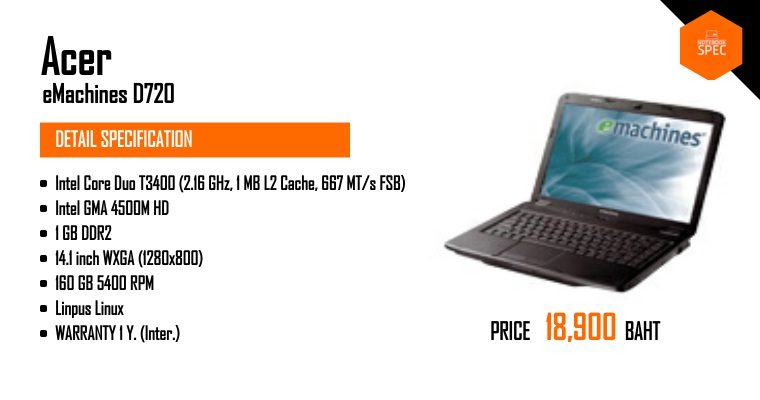 Acer eMachines D720-316G16Mi/C003 ซีพียู Intel Core Duo T3400 / Intel ...