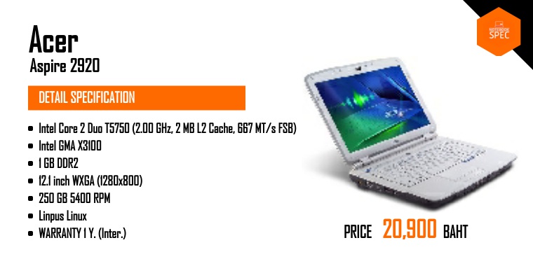 Acer Aspire 2920-6A1G25Mn/C065 ซีพียู Intel Core 2 Duo T5750 / Intel ...