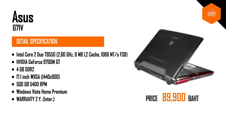 Asus G71V-7S064C ซีพียู Intel Core 2 Duo T9550 / GeForce 9700M GT ราคา ...