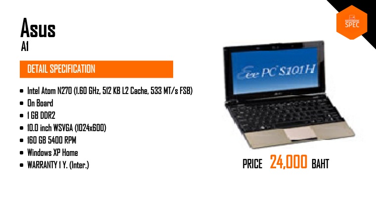 Asus A1-160G ซีพียู Intel Atom N270 / On Board ราคาพร้อมสเปค