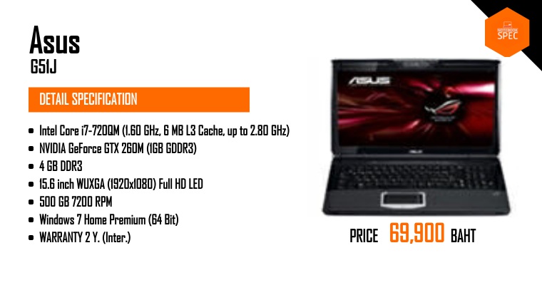 Asus G51J-SZ076V ซีพียู Intel Core i7-720QM / GeForce GTX 260M ราคา ...
