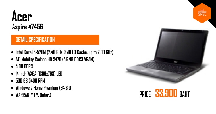 Acer Aspire 4745G-524G50Mn/2030 ซีพียู Intel Core i5-520M / ATI ...