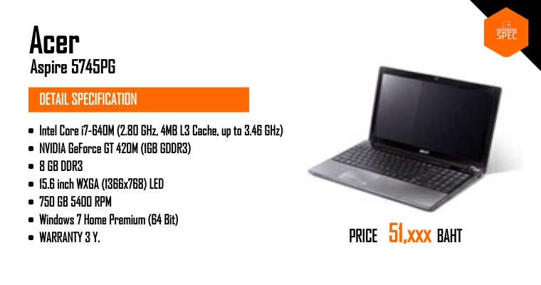 Acer Aspire 5745PG-648G75Wnks/2012 ซีพียู Intel Core i7-640M / GeForce ...