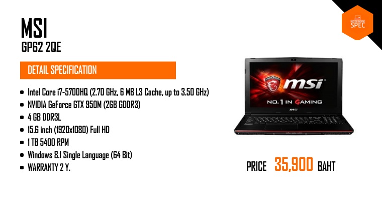 MSI GP62 2QE-019TH Leopard Pro ซีพียู Intel Core i7-5700HQ / GeForce ...