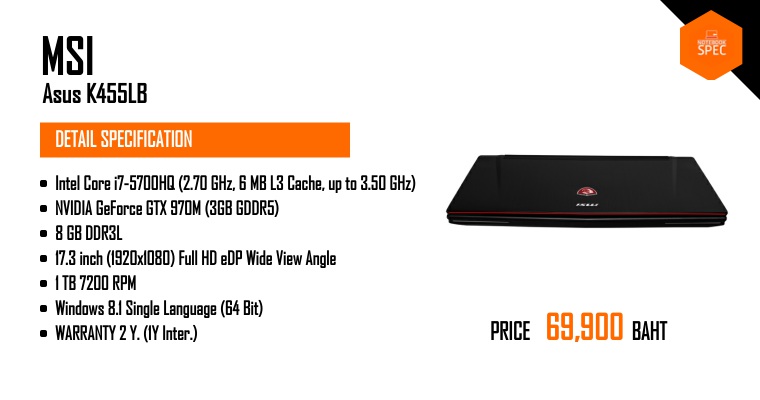MSI Asus K455LB-WX044D ซีพียู Intel Core i7-5700HQ / GeForce GTX 970M ...