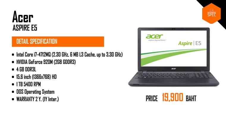 Acer ASPIRE E5-572G ซีพียู Intel Core i7-4712MQ / GeForce 920M ราคา ...