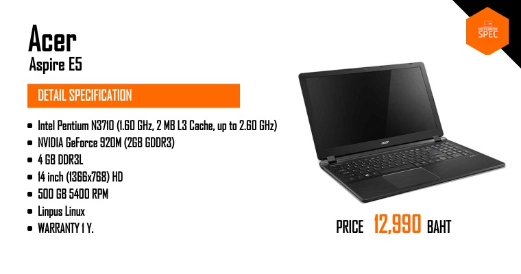 Acer Aspire E5-P7PY, P1J3 ซีพียู Intel Pentium N3710 / GeForce 920M ...
