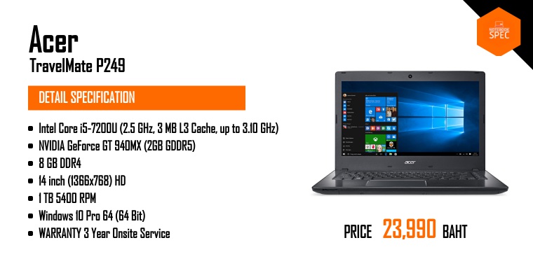 Acer TravelMate P249-50JN ซีพียู Intel Core i5-7200U / GeForce GT 940MX ...