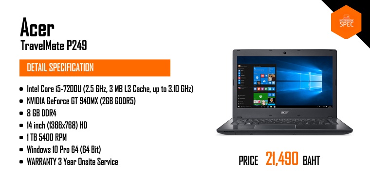 Acer TravelMate P249-58NG ซีพียู Intel Core i5-7200U / GeForce GT 940MX ...