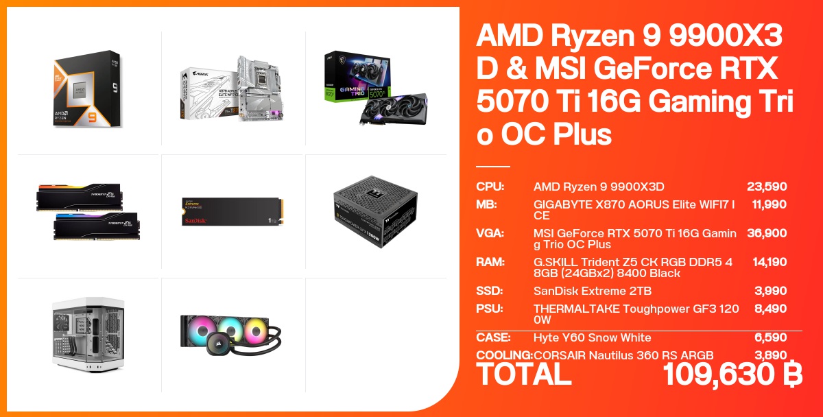 AMD Ryzen 9 9900X3D & MSI GeForce RTX 5070 Ti 16G Gaming Trio OC Plus - จัดสเปค - Notebookspec